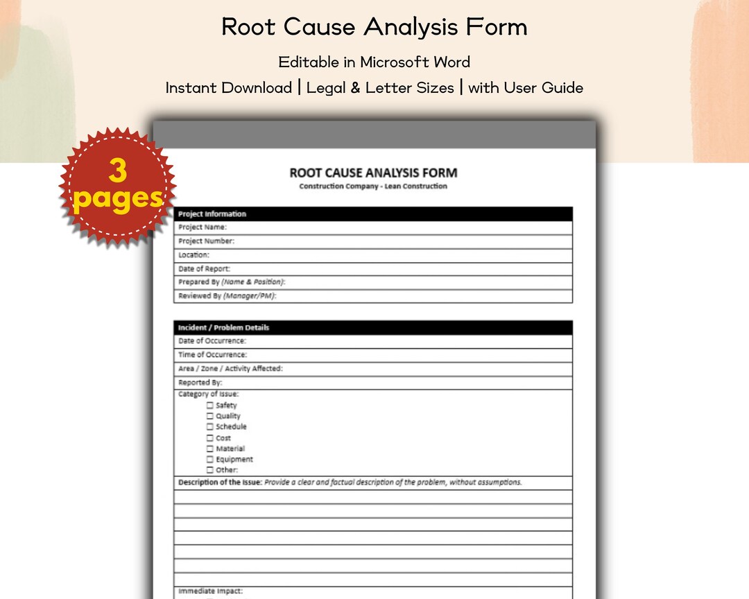 Construction Company Root Cause Analysis Form Editable and Printable ...
