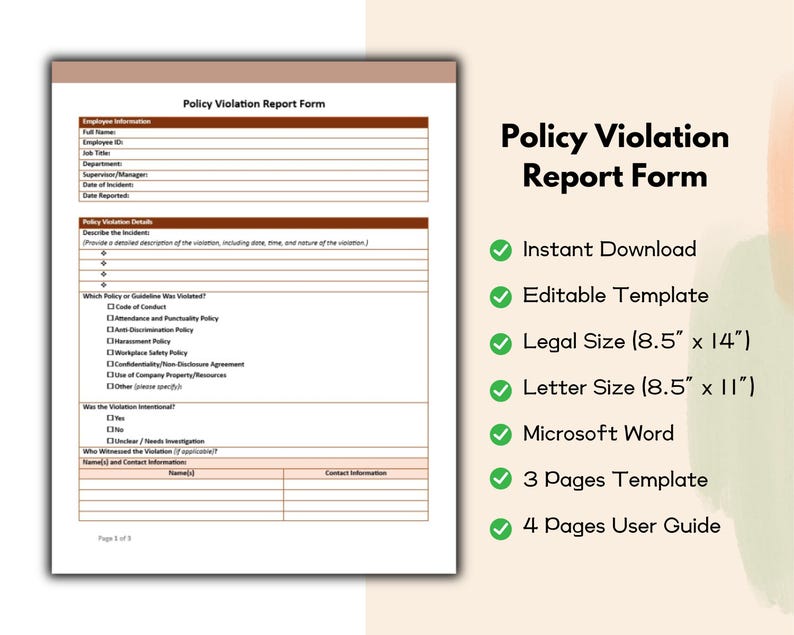Policy Violation Report Form – Editable and Printable HR Template for ...
