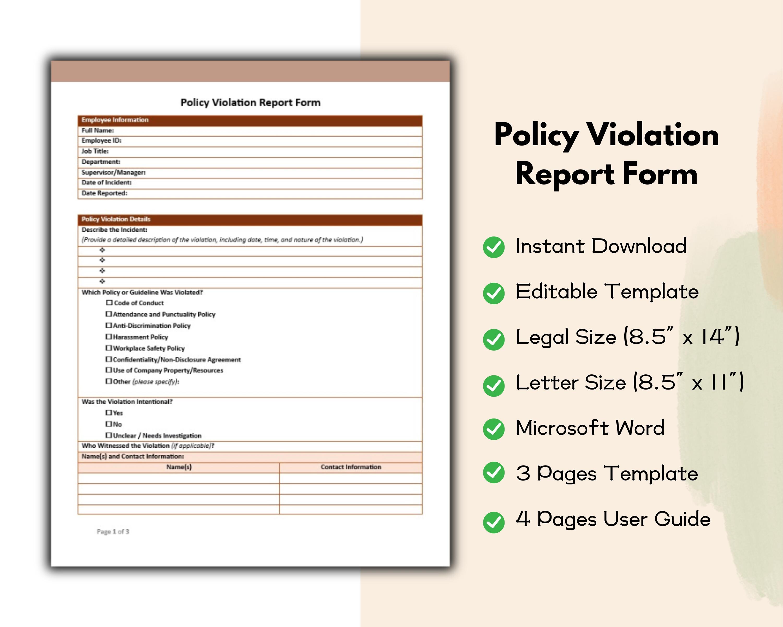 Policy Violation Report Form – Editable and Printable HR Template for ...