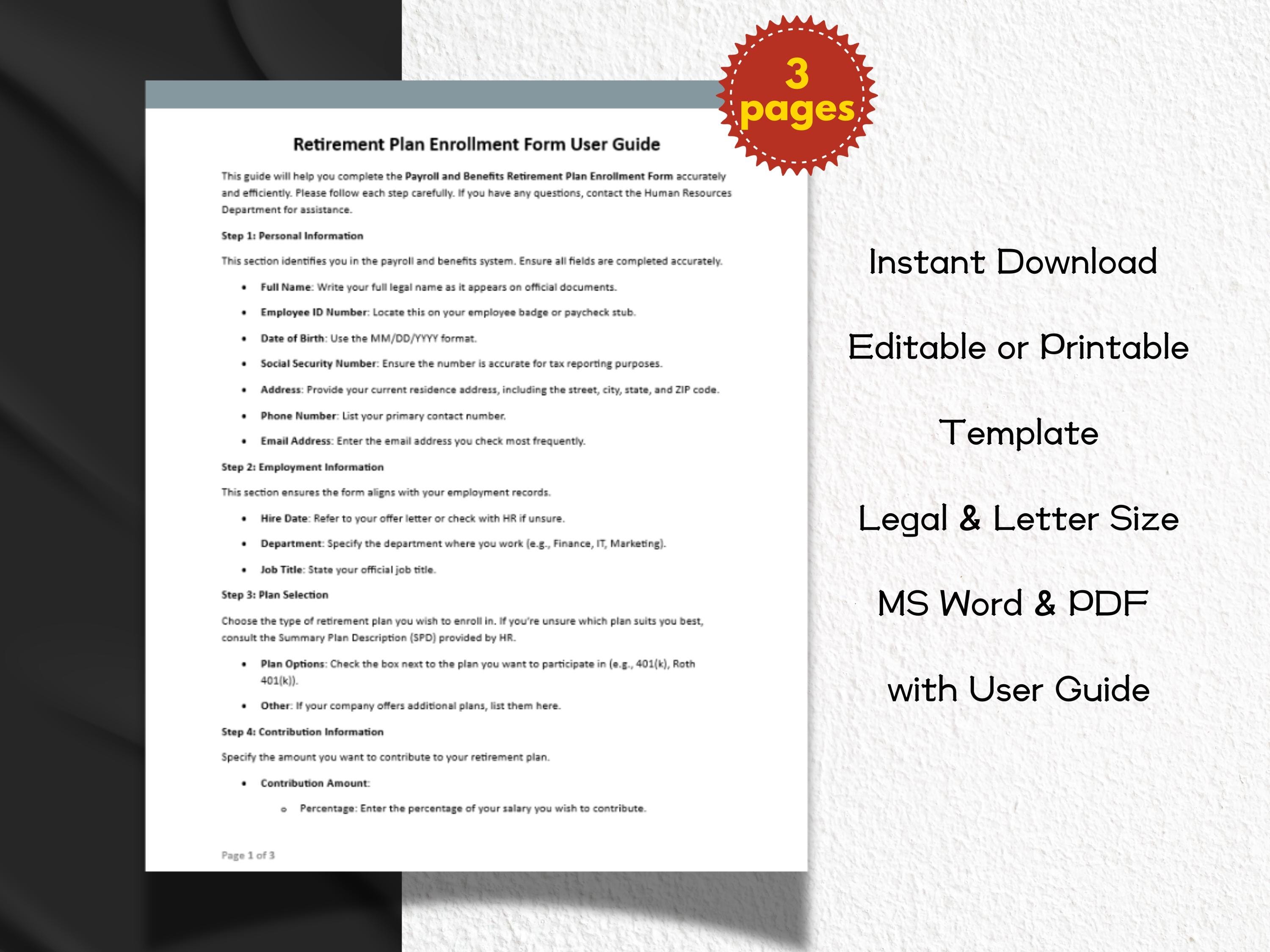 Retirement Plan Enrollment Form Editable and Printable Template ...