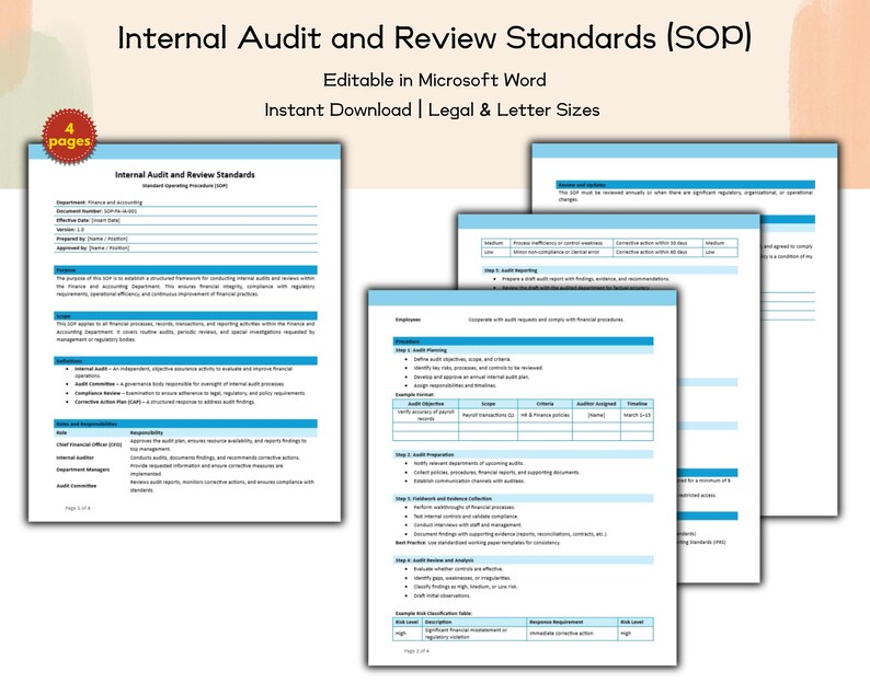 Internal Audit and Review Standards SOP Editable and Printable Template ...