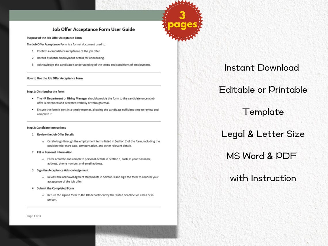 Job Offer Acceptance Form Editable and Printable Template With Manual ...