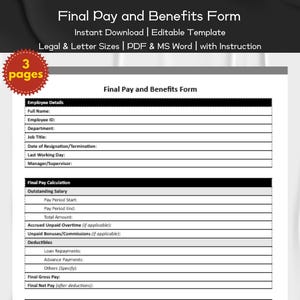 Final Pay and Benefits Form Editable and Printable Template | HR ...