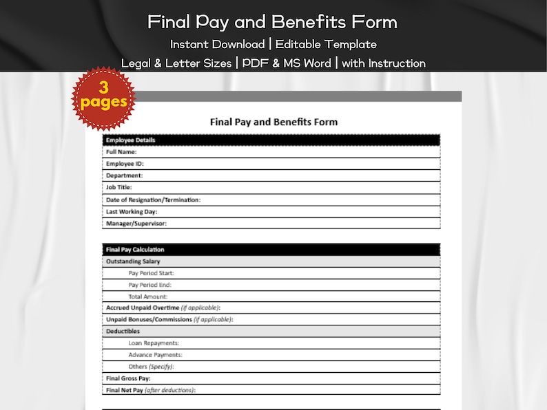Final Pay and Benefits Form Editable and Printable Template | HR ...