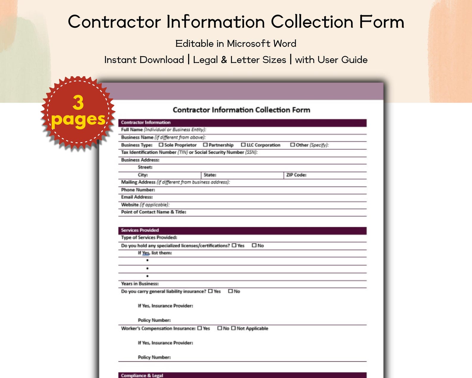 Contractor Information Collection Form Editable and Printable ...