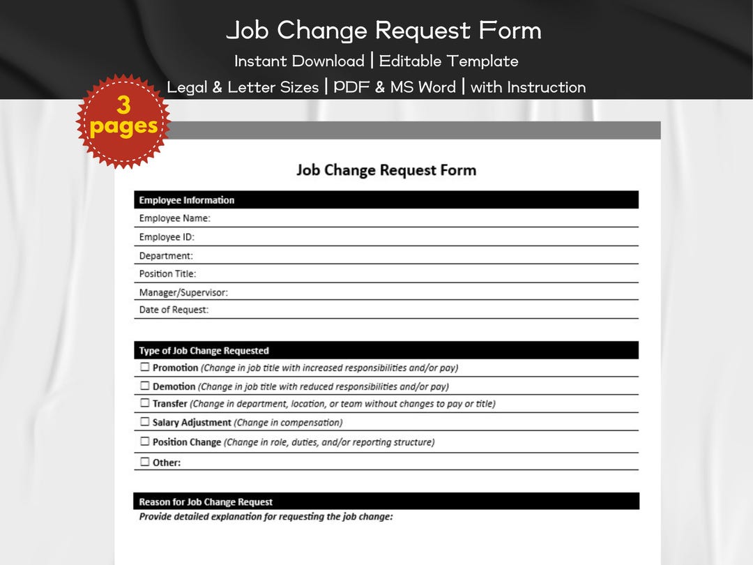 Job Change Request Form Editable and Printable Template With Manual ...