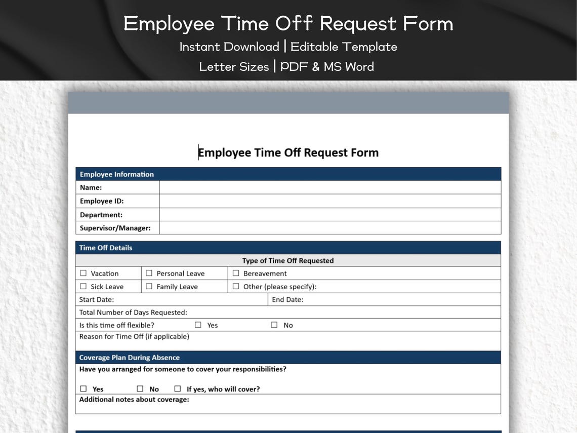 Time off Request Form Editable and Printable Template | Sick Leave ...