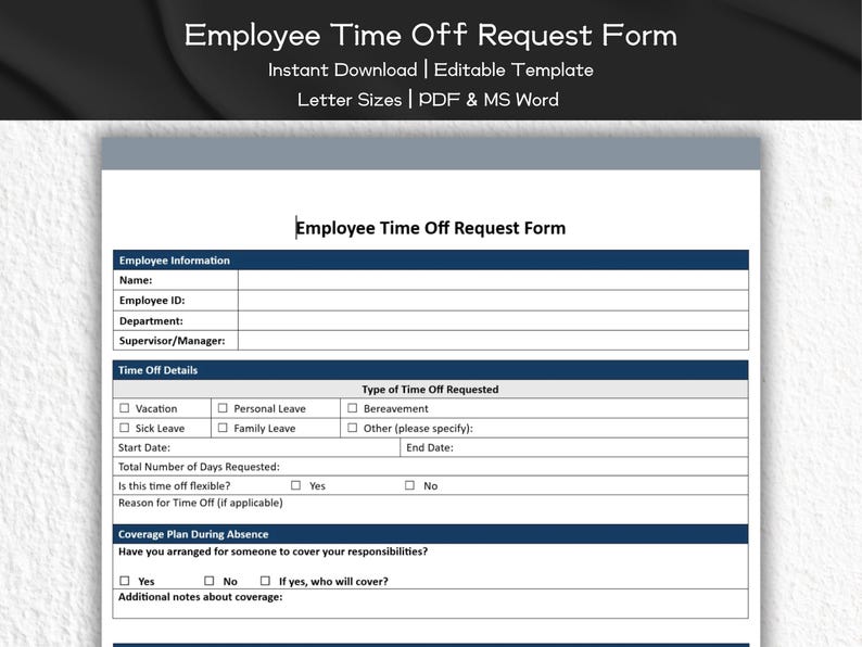 Time off Request Form Editable and Printable Template | Sick Leave ...