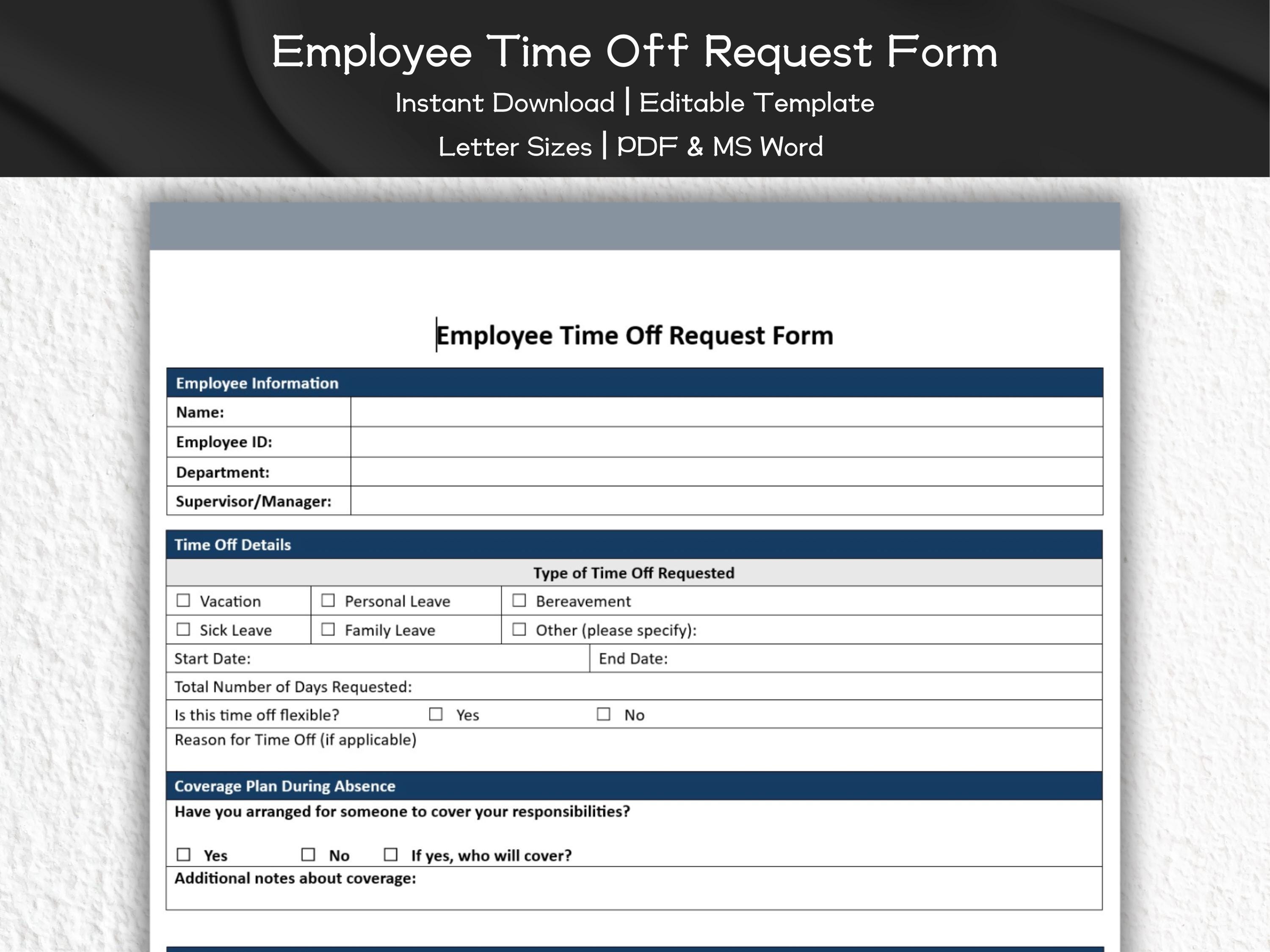 Time off Request Form Editable Template Sick Leave Request Form HR ...