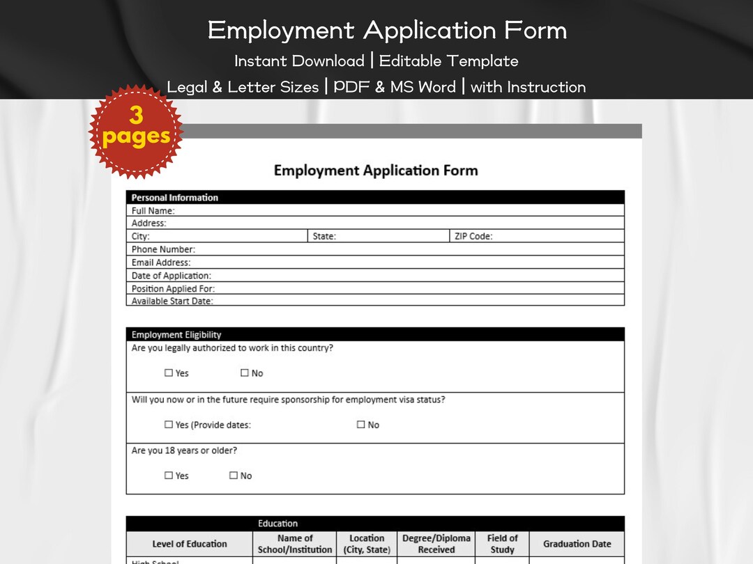 Employment Application Form Editable and Printable Template With Manual ...