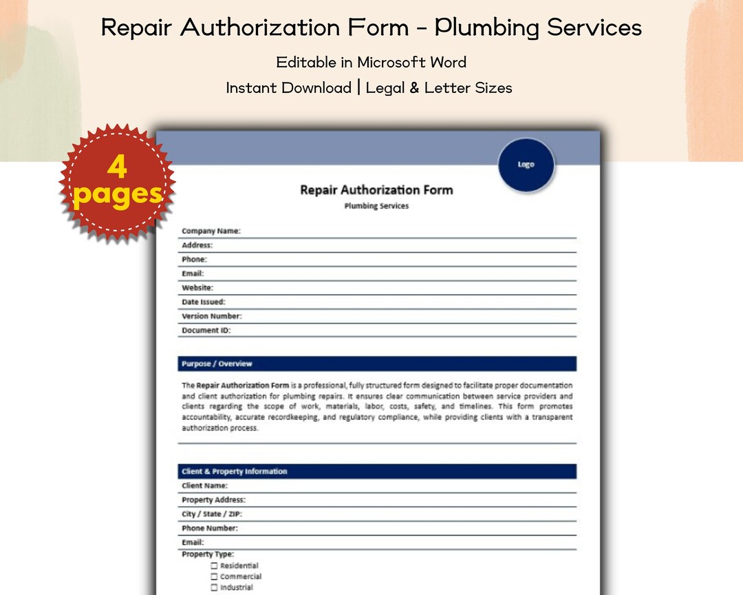 Repair Authorization Form Plumbing Services Editable and Printable ...