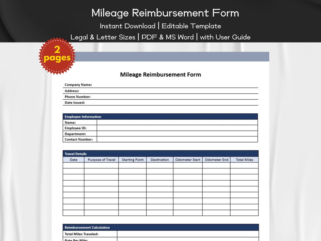Mileage Reimbursement Form Editable and Printable Template | Employee ...