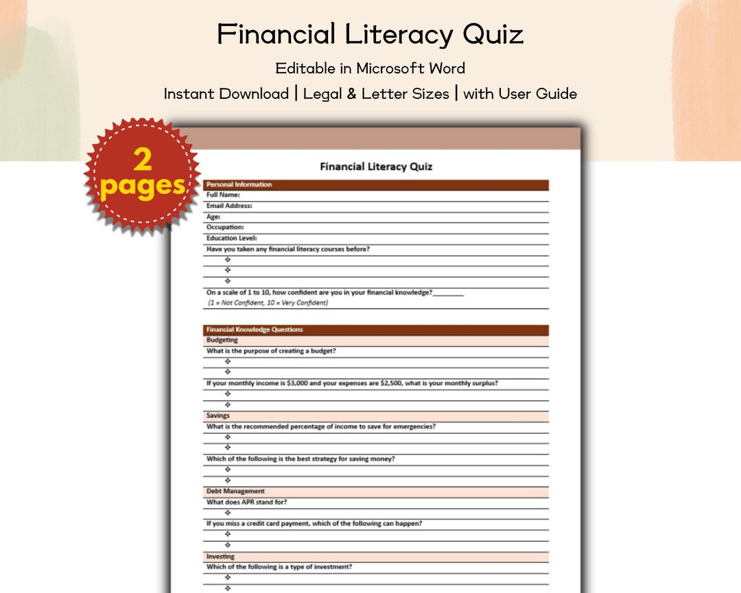 Financial Literacy Quiz – Printable and Editable Template to Test ...