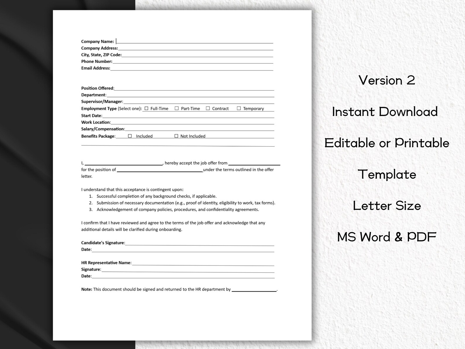 Job Offer Acceptance Form Editable and Printable Template | Editable ...