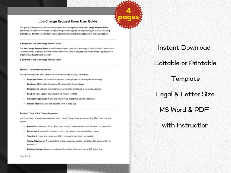 Job Change Request Form Editable and Printable Template With Manual ...