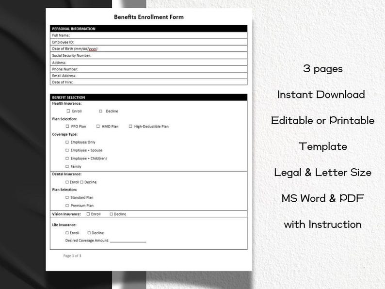Benefits Enrollment Form Editable and Printable Template Recruitment ...