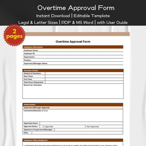 Overtime Approval Form Editable and Printable Template | Employee ...