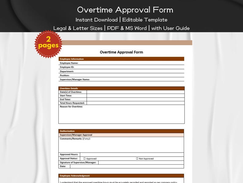 Overtime Approval Form Editable and Printable Template | Employee ...