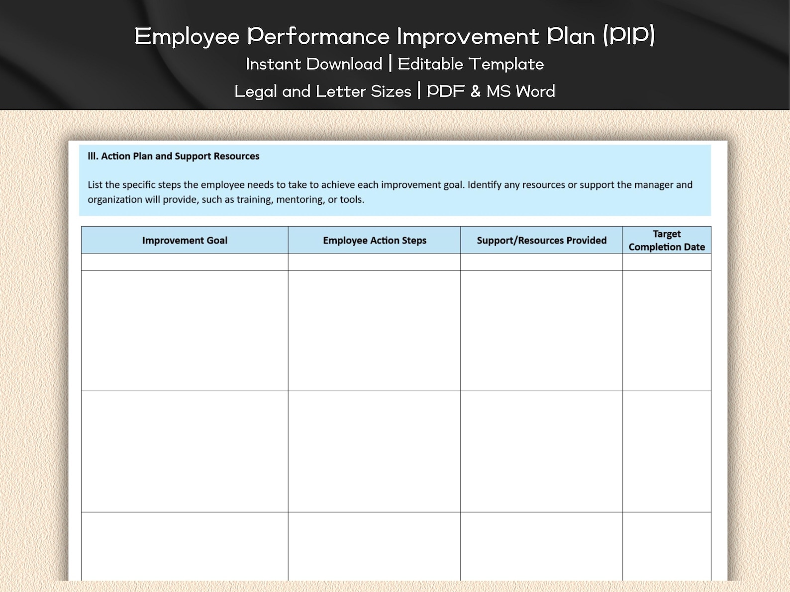 Employee Performance Improvement Plan (PIP) Editable Template W ...