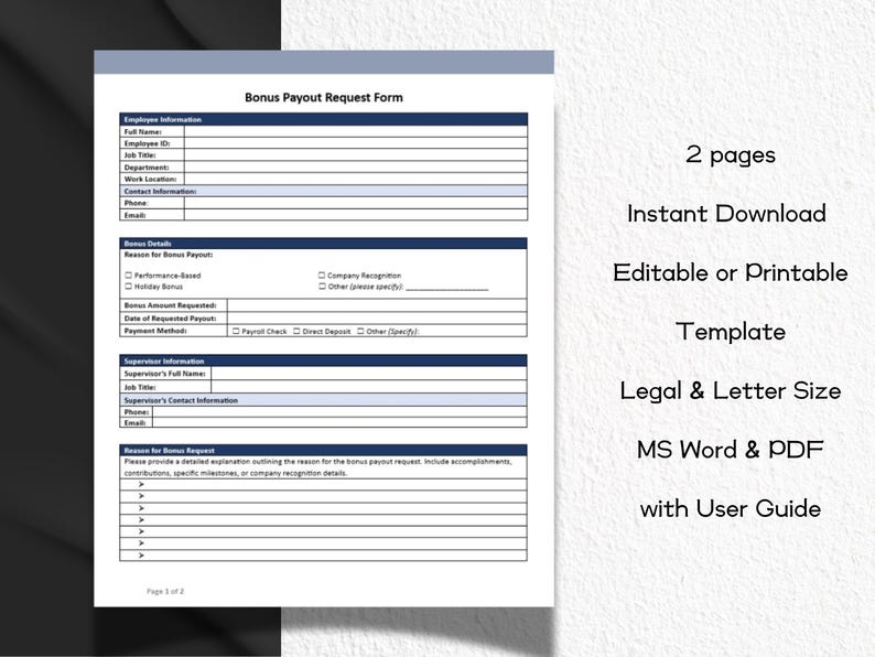 Bonus Payout Request Form Editable and Printable Template | Employee ...
