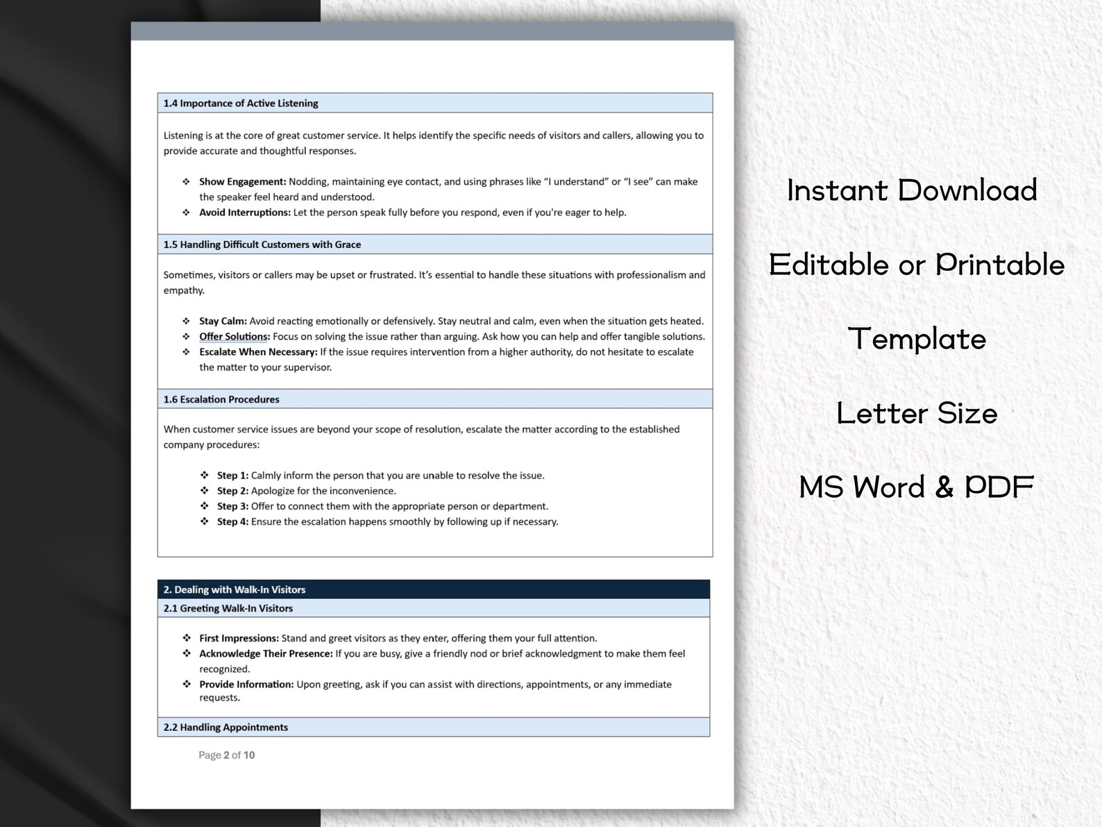 Front Desk Receptionist Handbook Editable Template | Professional ...