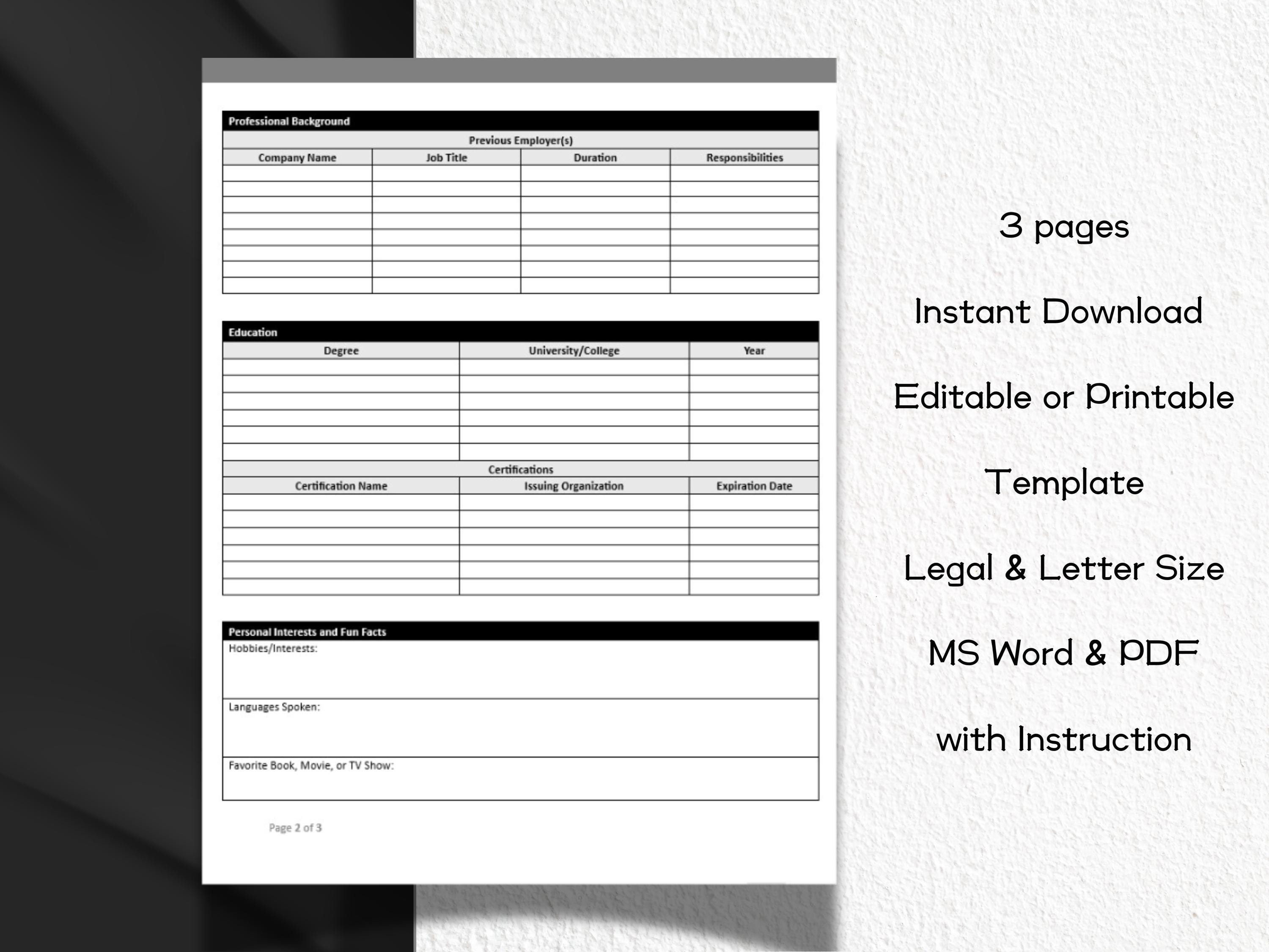 Employee Bio Form Editable and Printable Template | Recruitment, Human ...