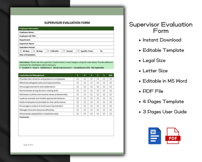 Supervisor Evaluation Form Editable and Printable Template With Manual | HR Professionals ...