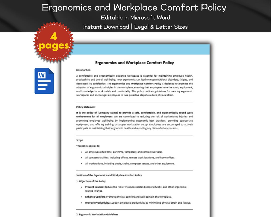 Ergonomics and Workplace Comfort Policy Editable Template | Human ...