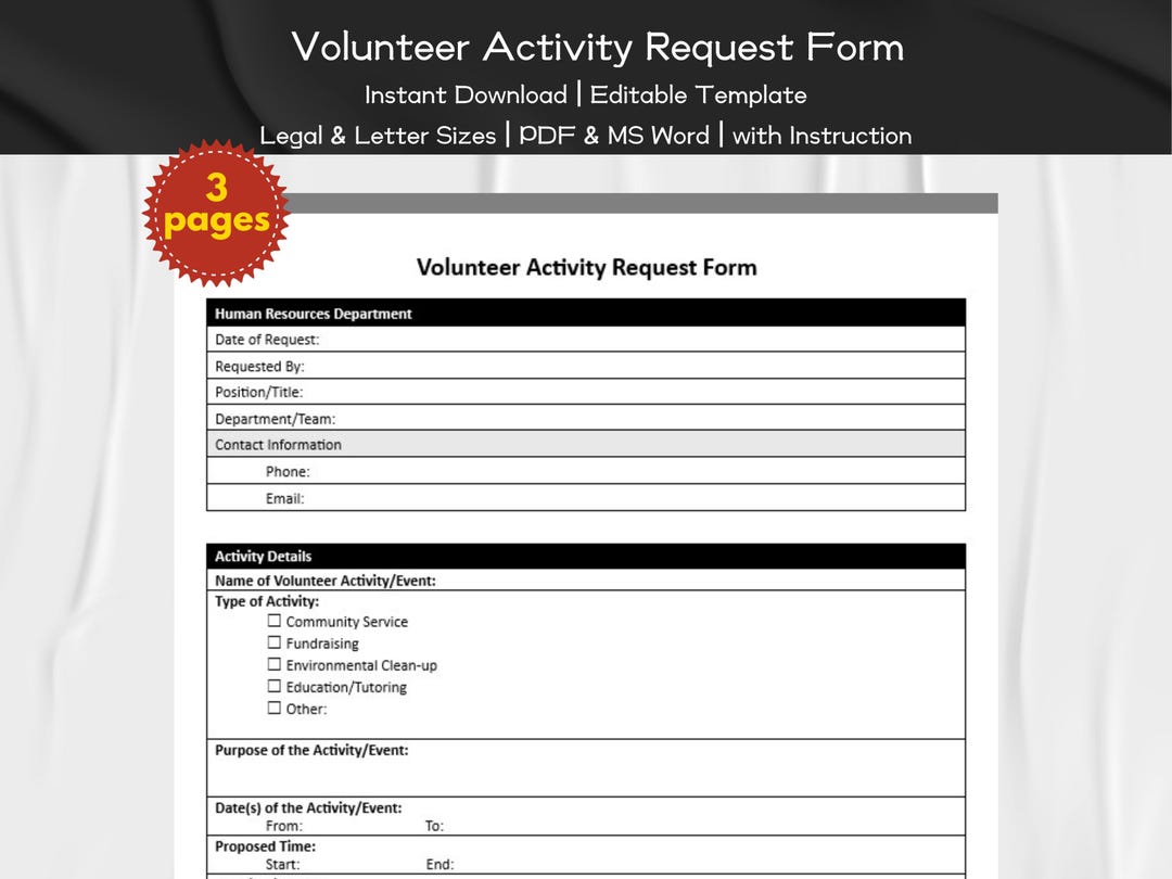 Volunteer Activity Request Form Editable and Printable Template With ...