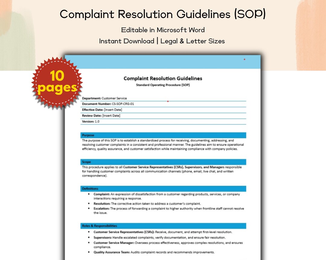 Complaint Resolution Guidelines SOP Editable and Printable Template ...