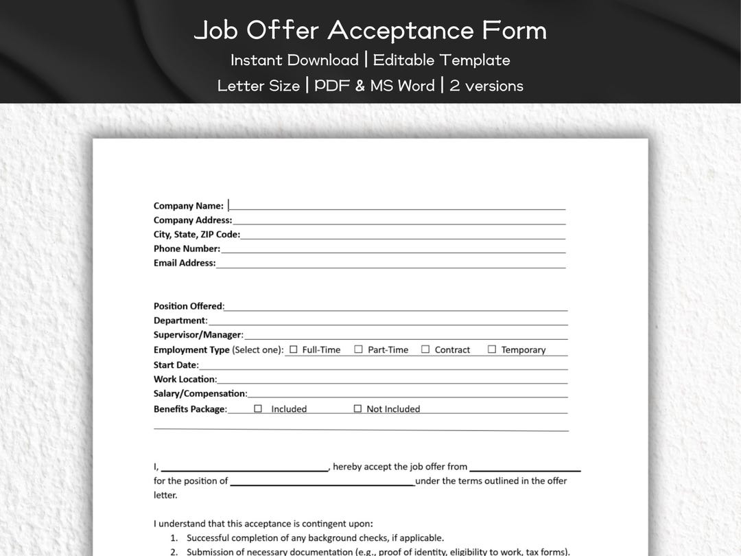 Job Offer Acceptance Form Editable and Printable Template | Editable ...