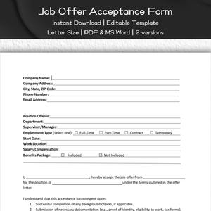 Job Offer Acceptance Form Editable and Printable Template | Editable ...