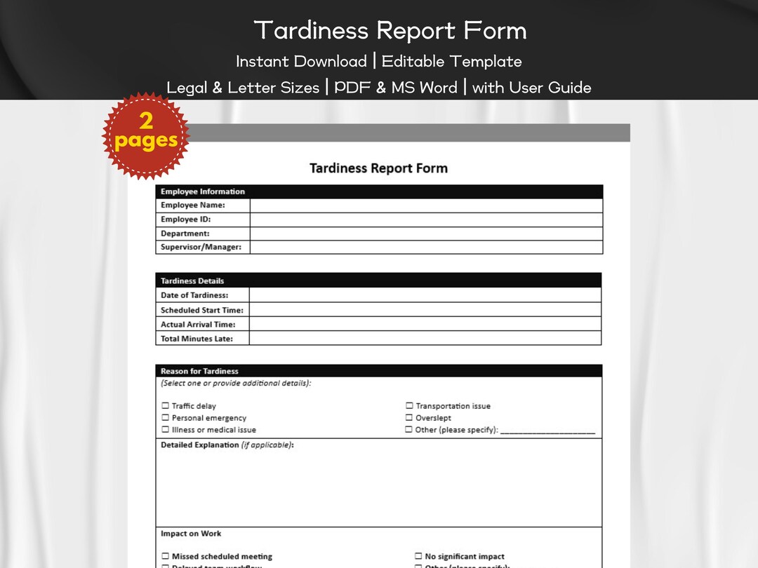 Tardiness Report Form Editable and Printable Template | Employee ...