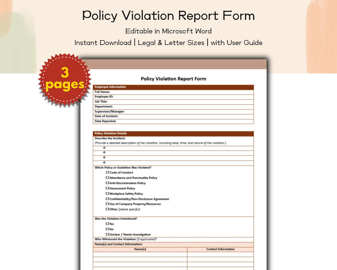 Policy Violation Report Form – Editable and Printable HR Template for ...