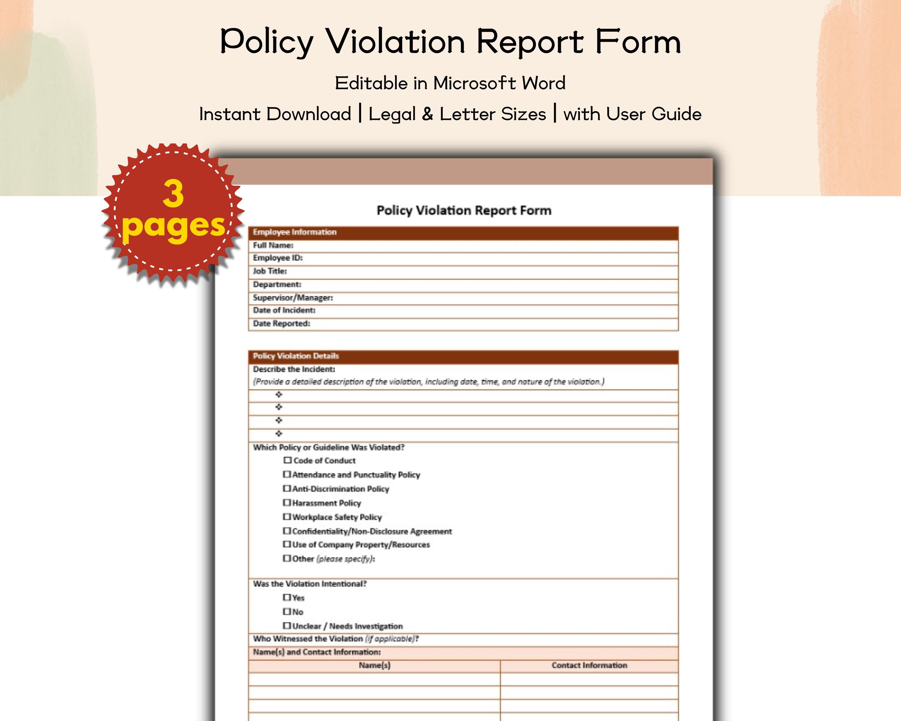 Policy Violation Report Form – Editable and Printable HR Template for ...