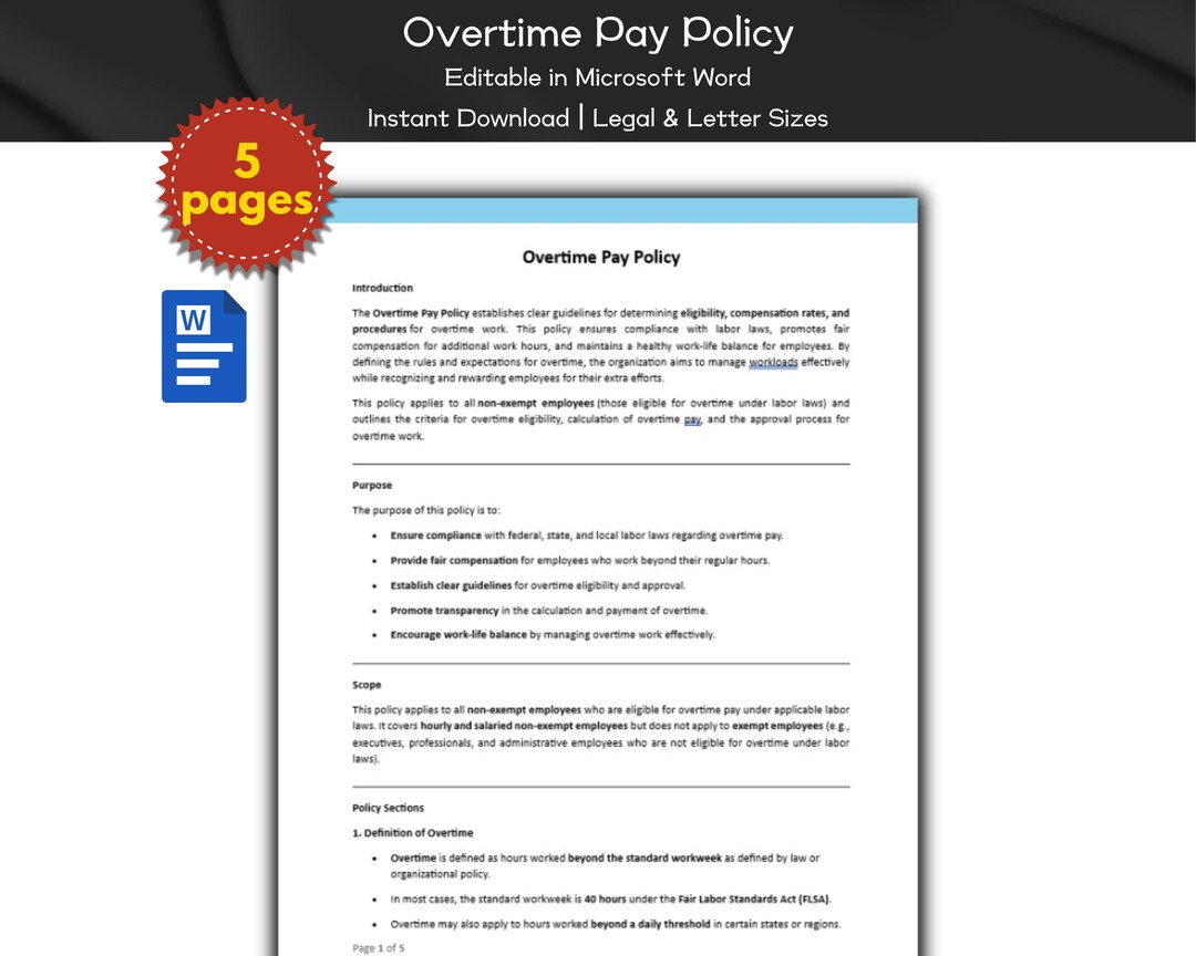 Overtime Pay Policy Editable Template | Human Resource Policies ...