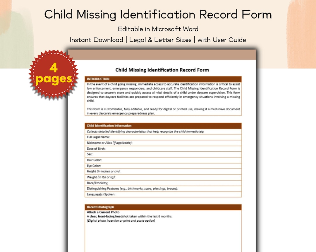 Daycare Child Missing Identification Record Form Editable and Printable ...