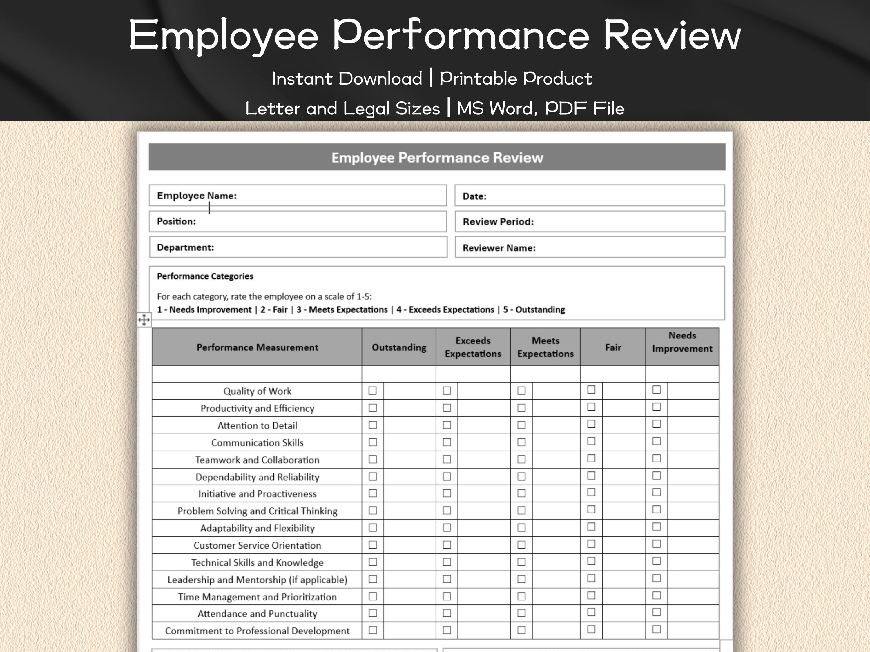 Employee Performance Review Form Editable and Printable | Employee ...