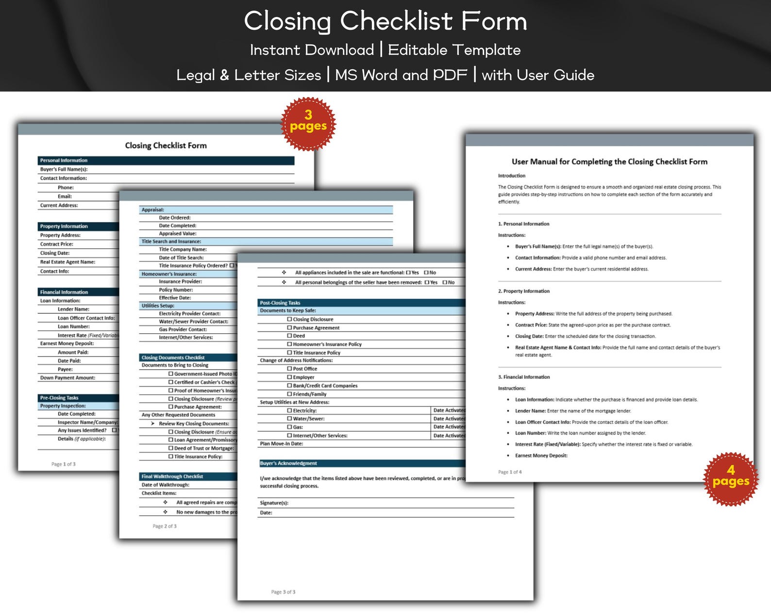 Closing Checklist Form Editable and Printable Template for Real Estate ...