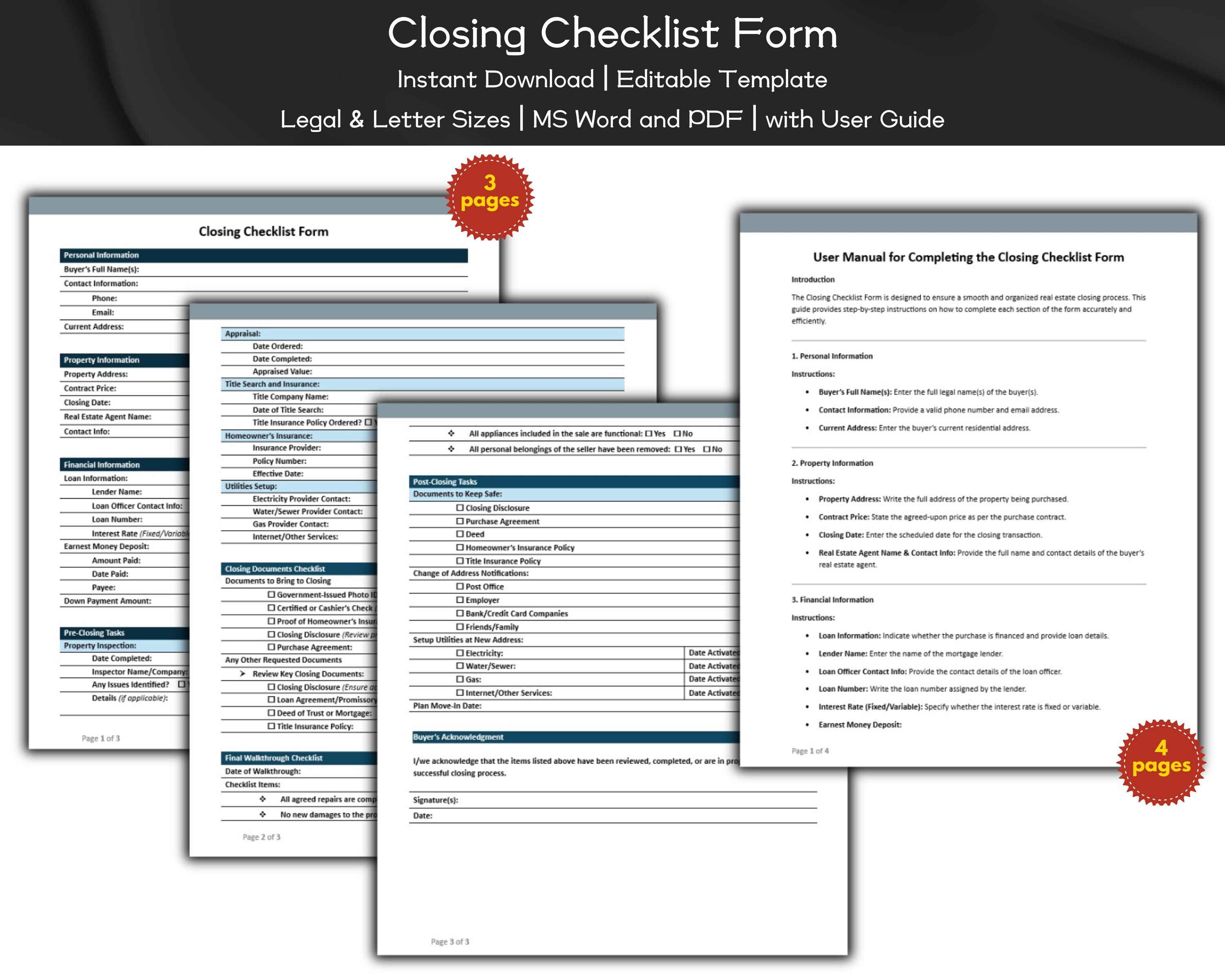 Closing Checklist Form Editable and Printable Template for Real Estate ...