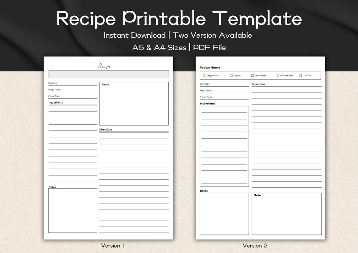 Recipe Template Journal Minimalistic Design, Recipe Template Printable ...