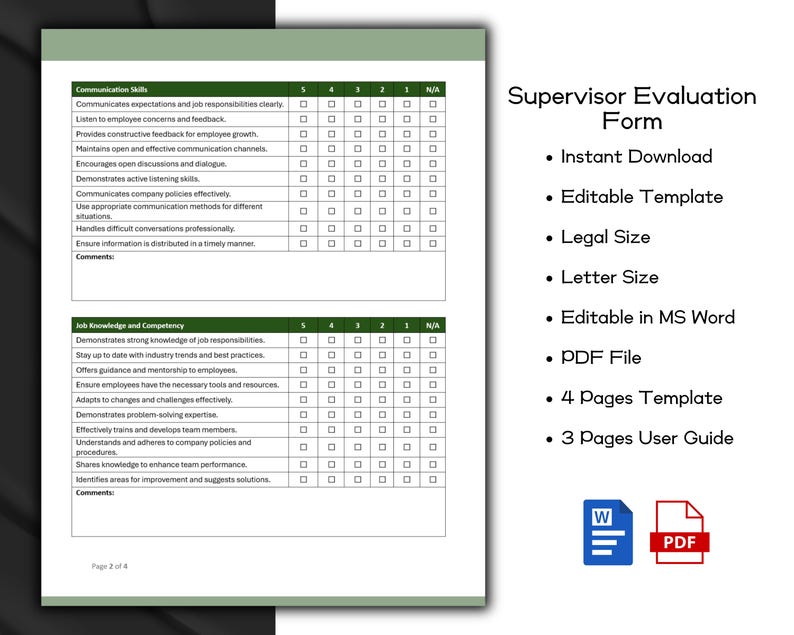 Supervisor Evaluation Form Editable and Printable Template With Manual ...