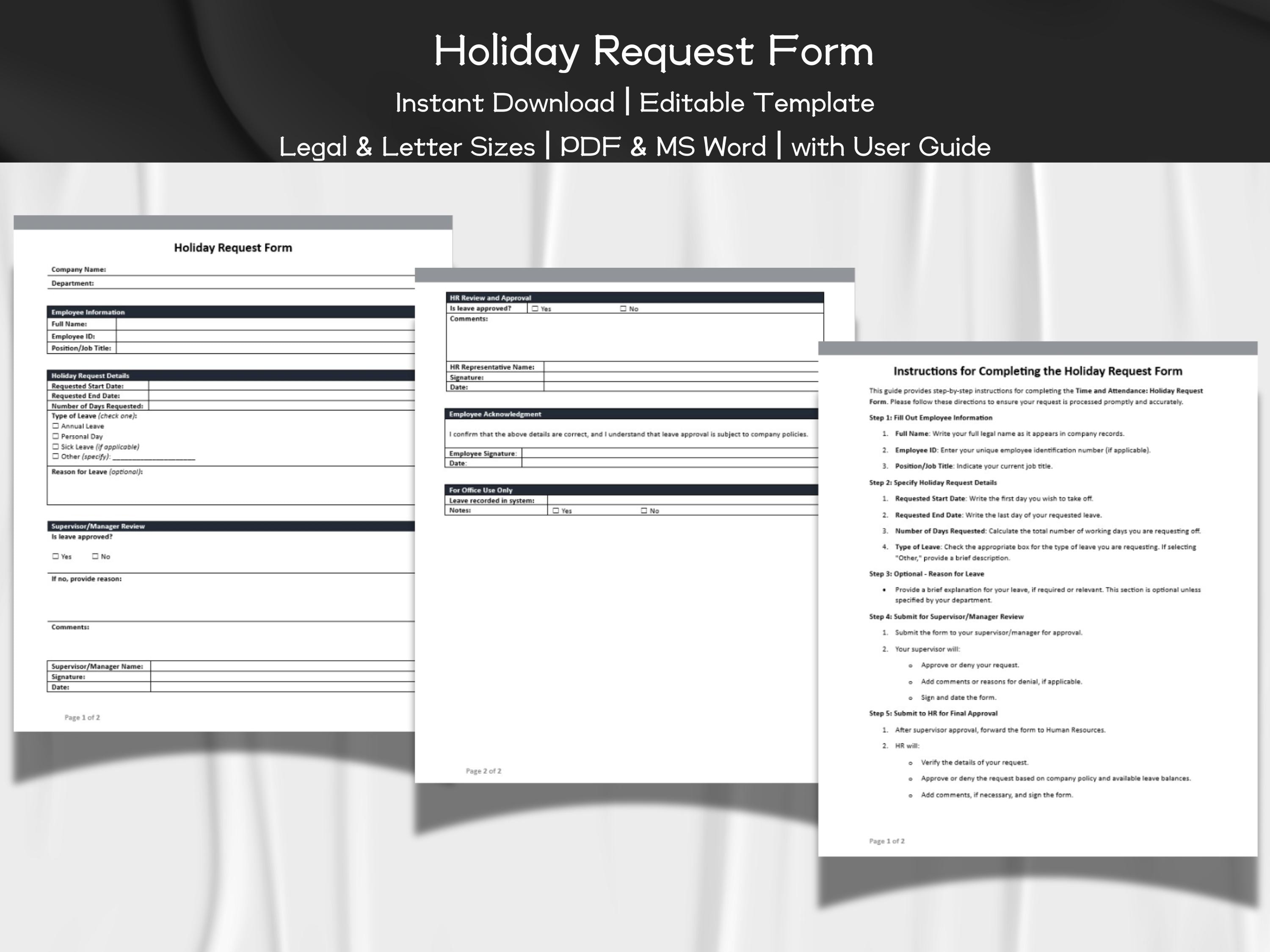 Holiday Request Form Editable and Printable Template | Employee ...