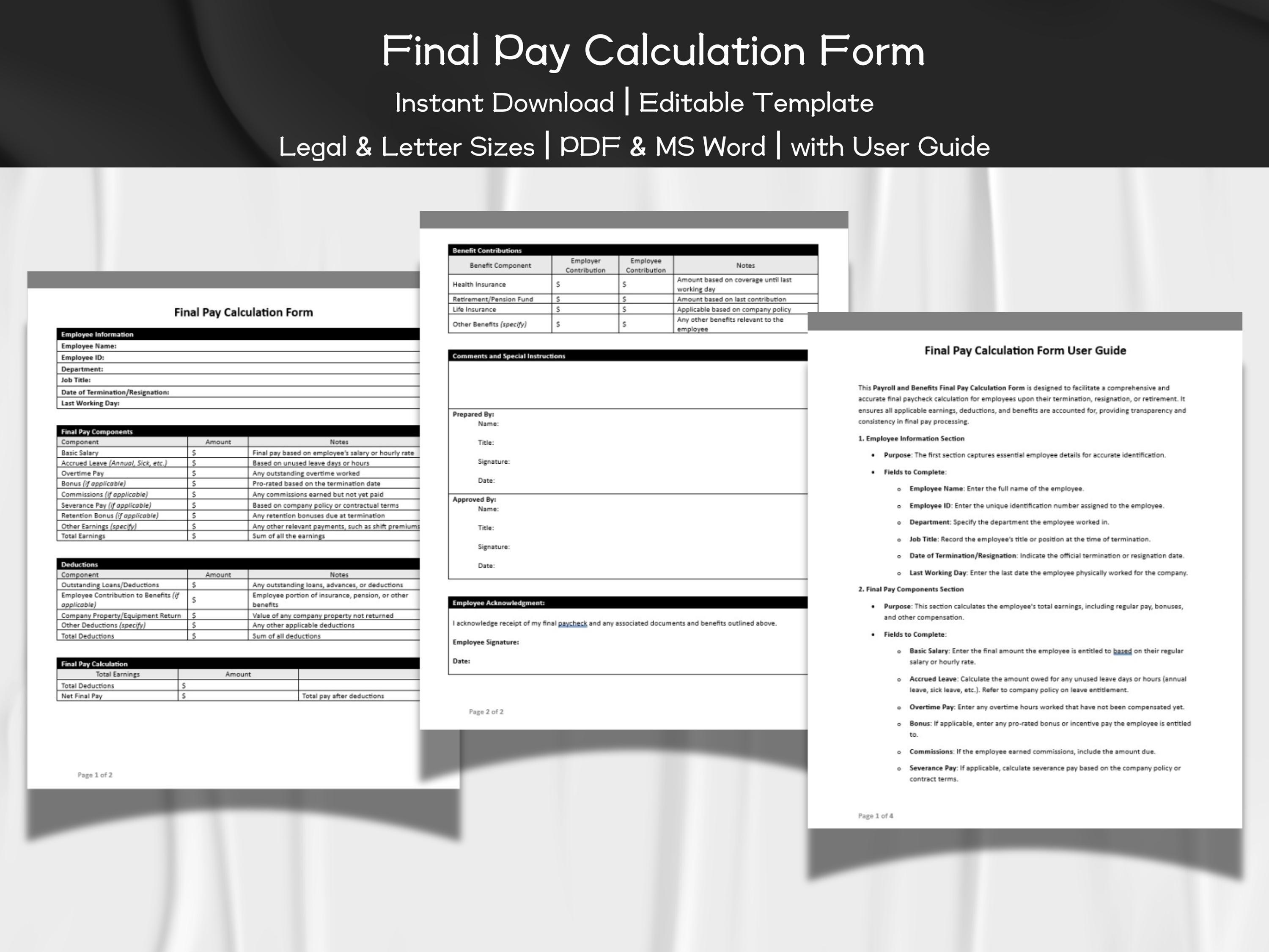 Final Pay Calculation Form Editable and Printable Template | Employee ...