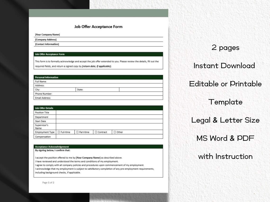 Job Offer Acceptance Form Editable and Printable Template With Manual ...