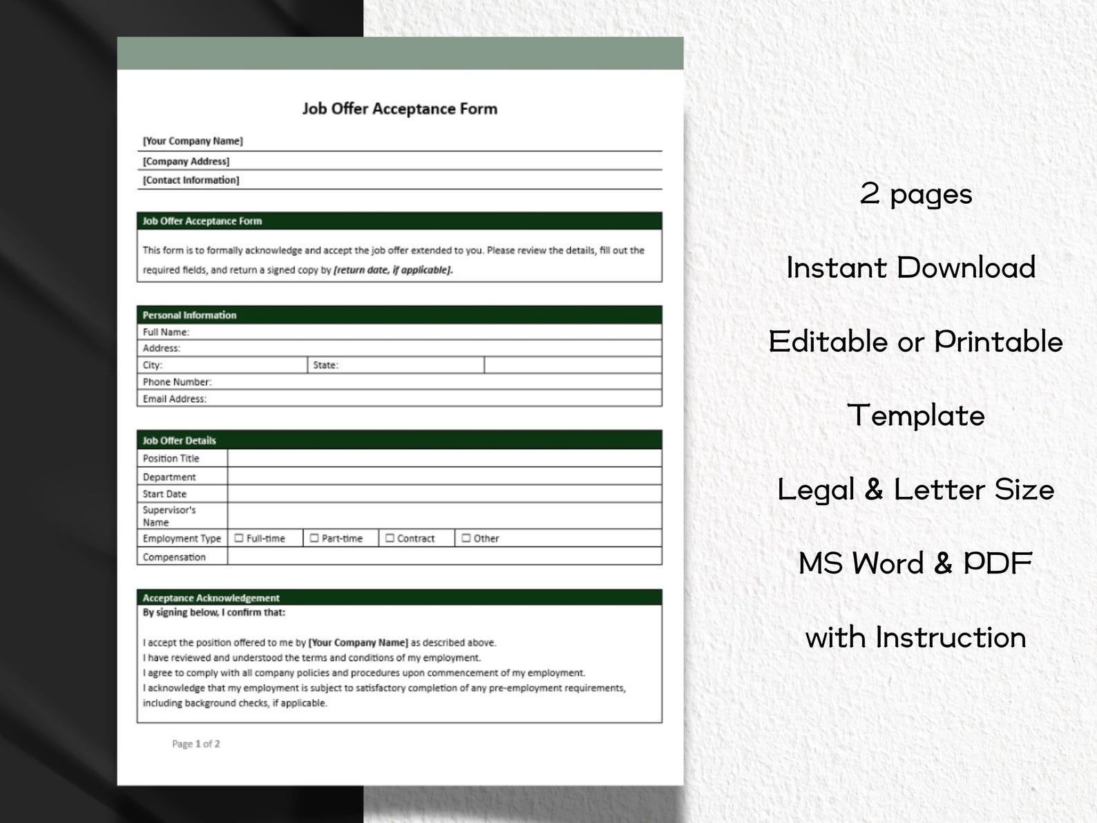 Job Offer Acceptance Form Editable and Printable Template With Manual ...