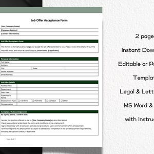 Job Offer Acceptance Form Editable and Printable Template With Manual ...
