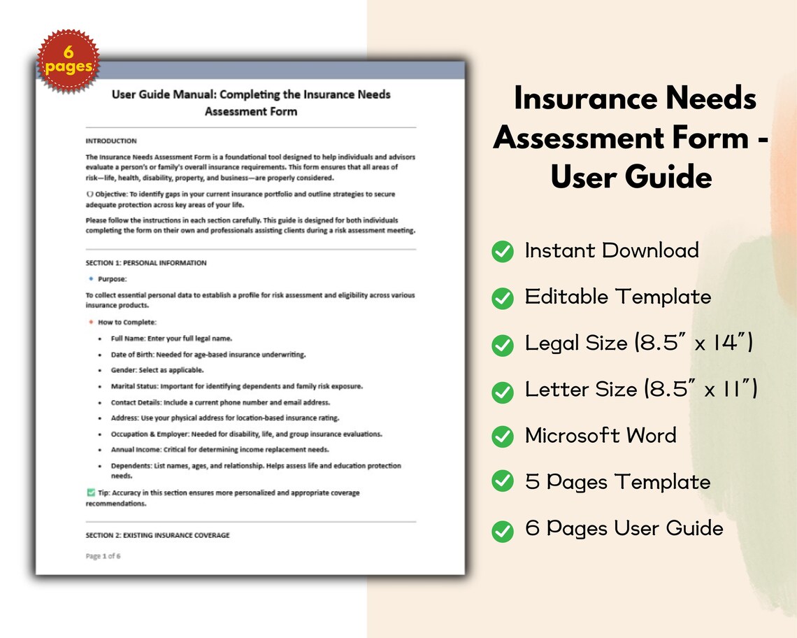 Insurance Needs Assessment Form Editable and Printable Financial ...