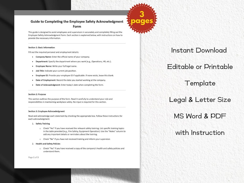 Employee Safety Acknowledgment Form Editable and Printable Template ...