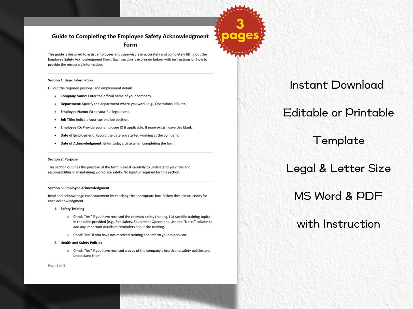 Employee Safety Acknowledgment Form Editable and Printable Template ...